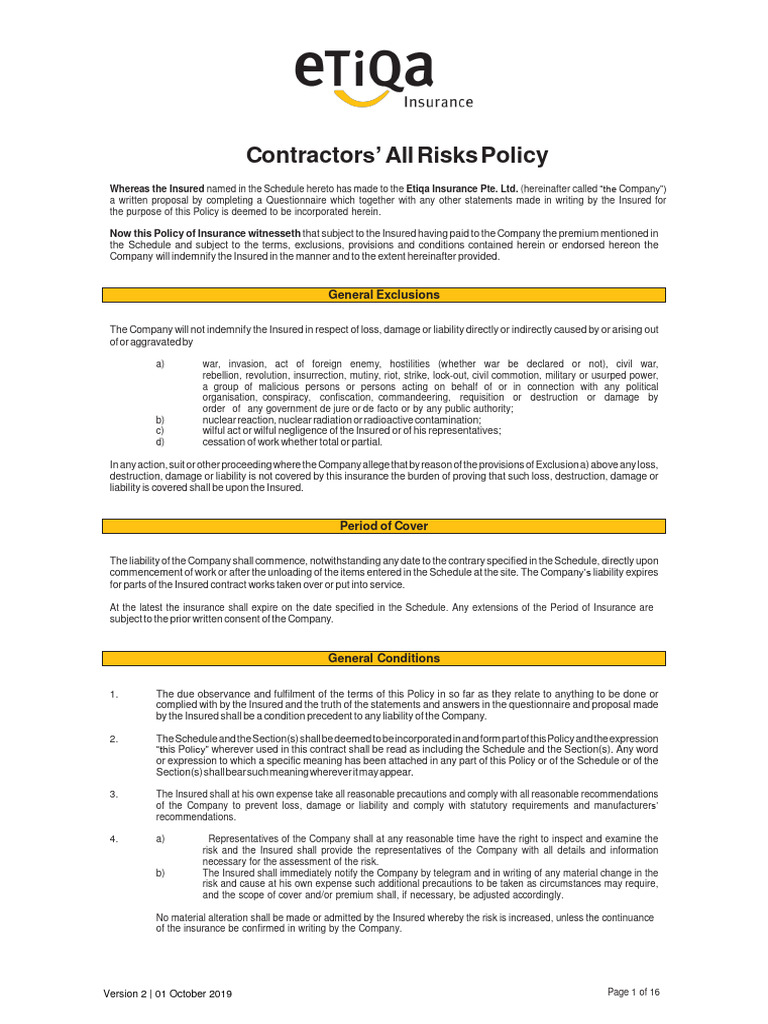 Etiqa Contractors All Risks Policy Wording | PDF | Insurance | Indemnity