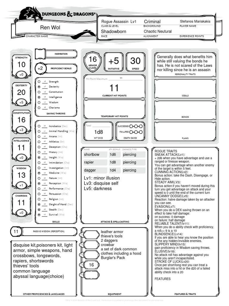 DND Shadowborn Rogue Assassin Ren Wol Lv1 | PDF | Role Playing Games