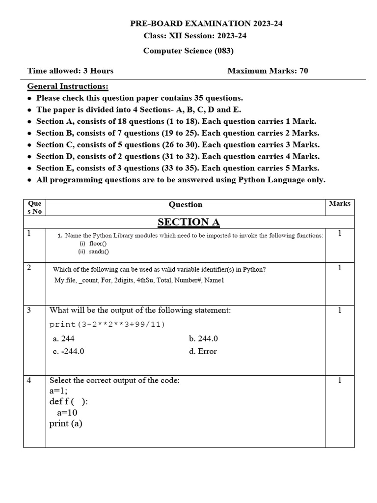 CLASS 12 PRE BOARD 2023-24 ComputerScience | PDF | Computer File | Comma Separated Values