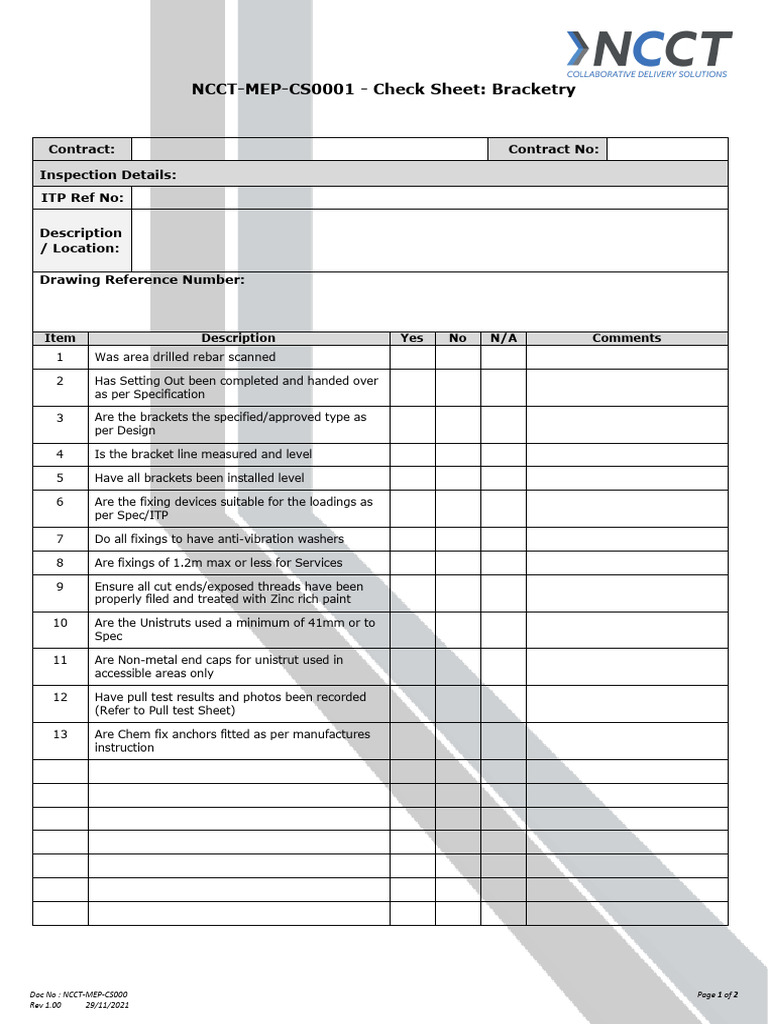 NCCT-MEP-CS0001 - ITP Check Sheet - Brackery | PDF