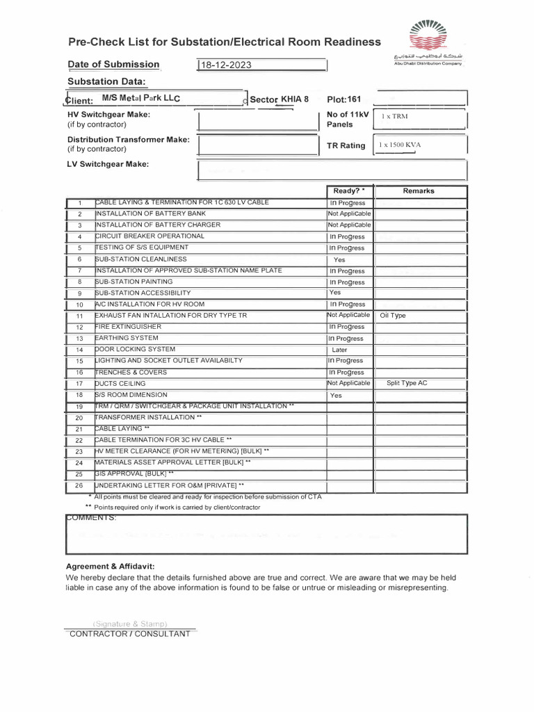 Electrical Room Readiness Form | PDF