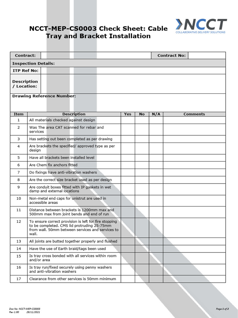 Cable Tray Installation Check Sheet | PDF | Civil Engineering ...