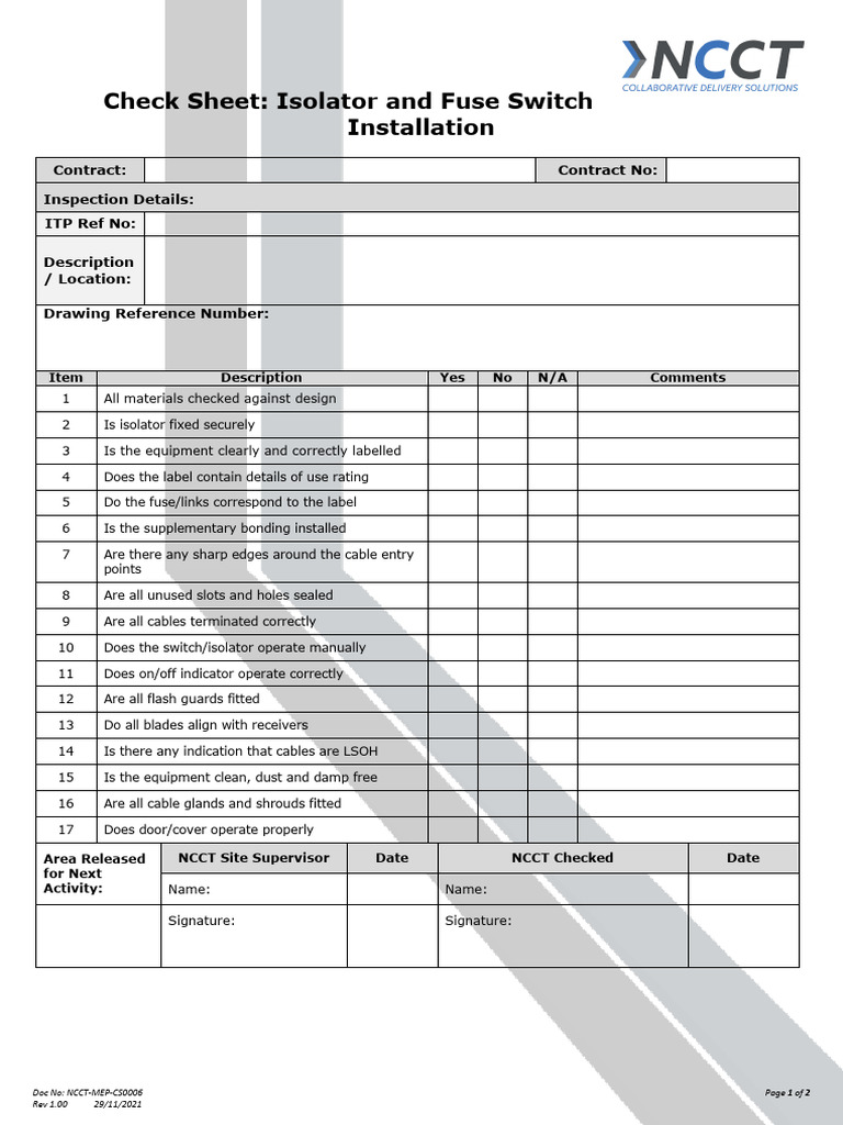 Isolator & Fuse Switch Checklist | PDF