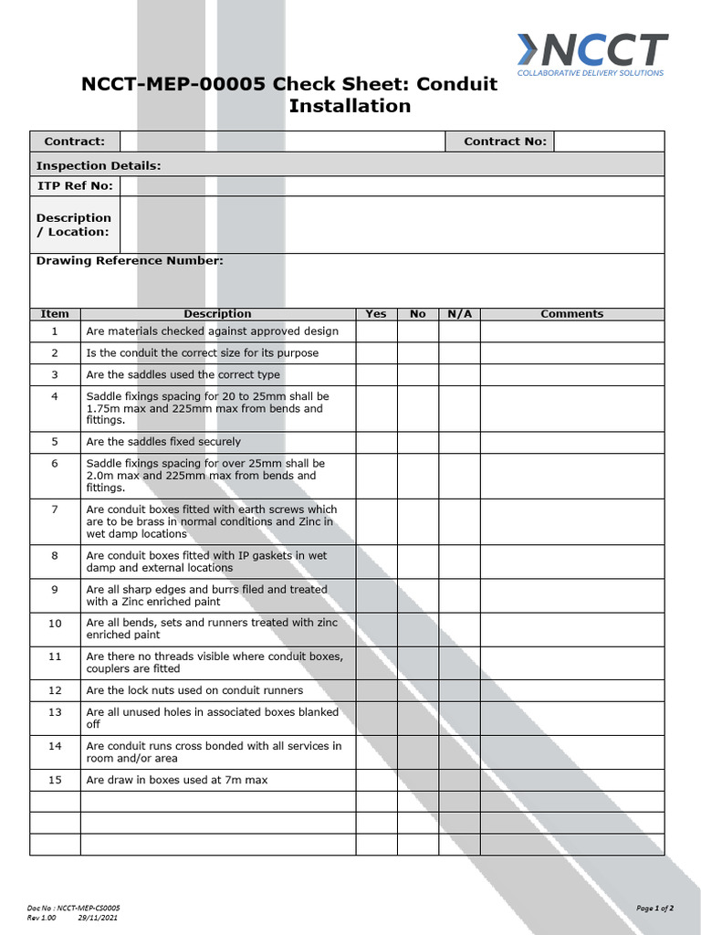 NCCT-MEP-CS0005 - ITP Check Sheet - Conduit Installation | PDF ...