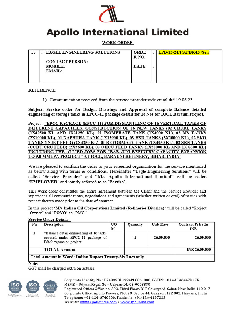 Barauni Refinery Engineering Work Order | PDF | Arbitration | Indemnity