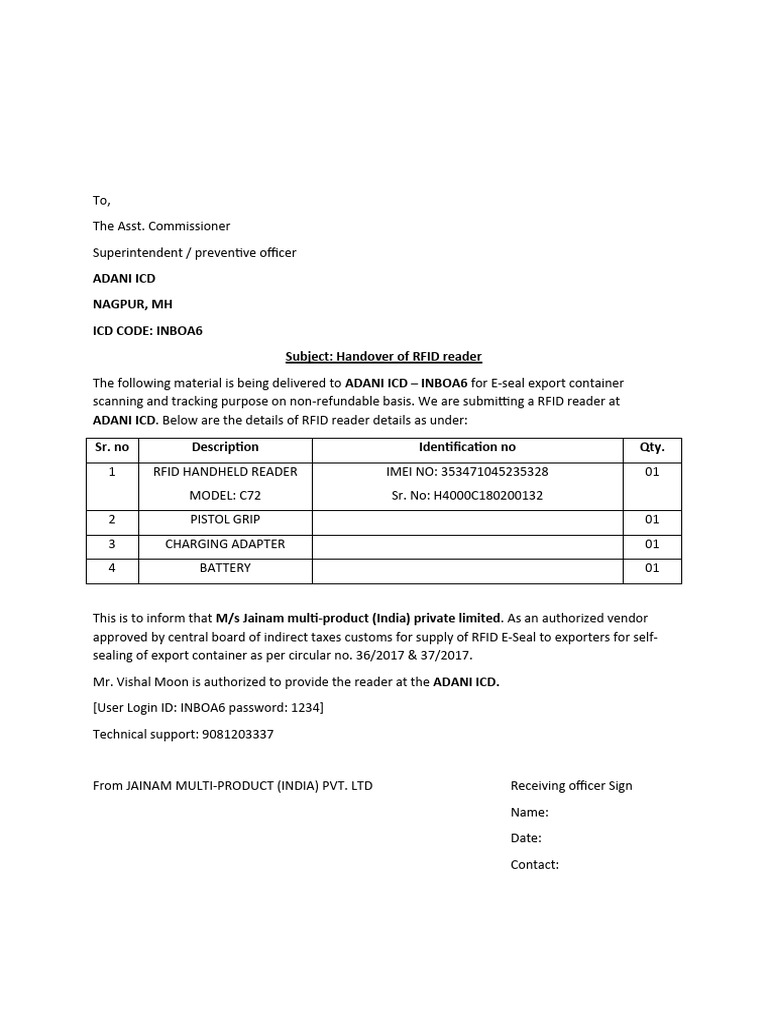 RFID Reader Handover to ADANI ICD | PDF
