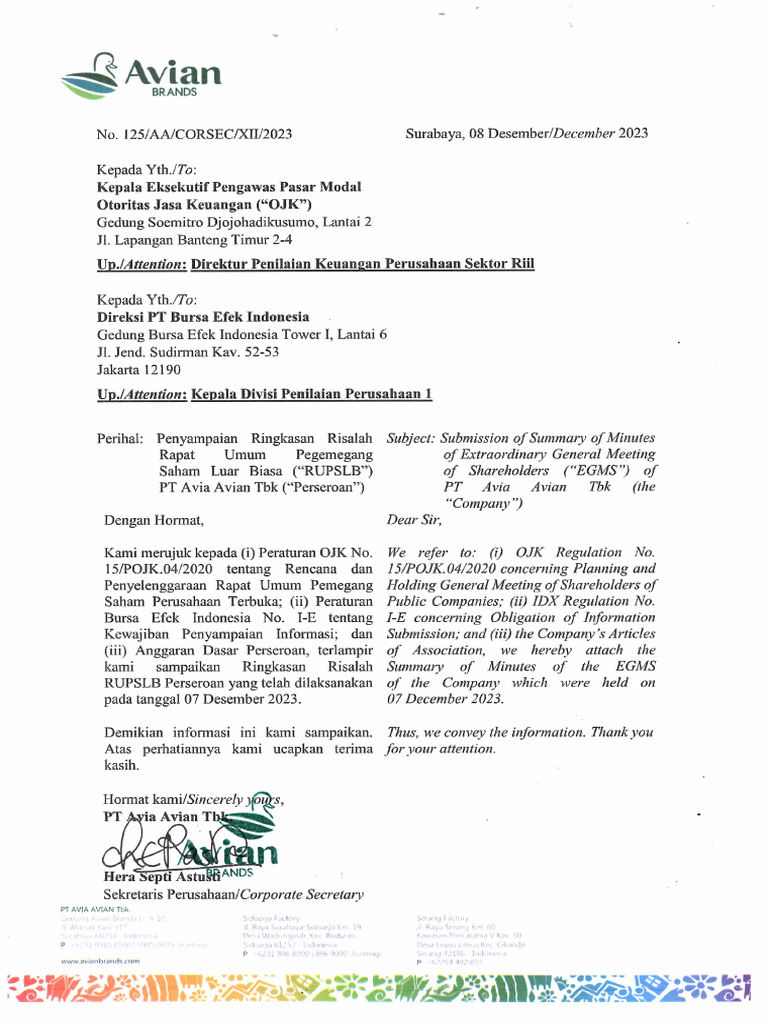 AVIA - Ringkasan Risalah - Risalah RUPS - 31547203 - Lamp1 | PDF