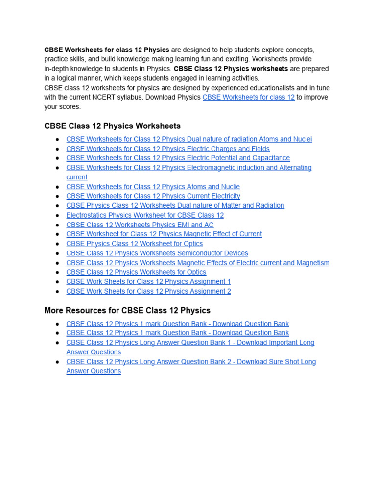 CBSE Worksheets For Class 12 Physics | PDF | Physics | Worksheet