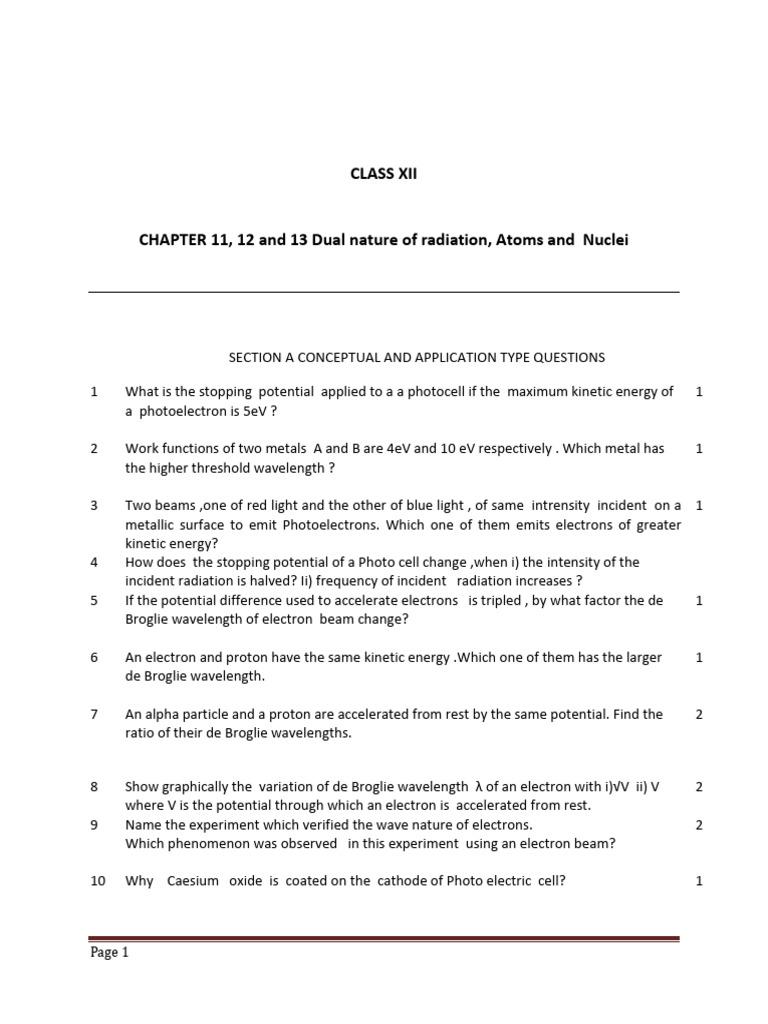 CBSE Class 12 Physics Dual Nature of Radiation Atoms and Nuclei | PDF | Electron | Photoelectric ...