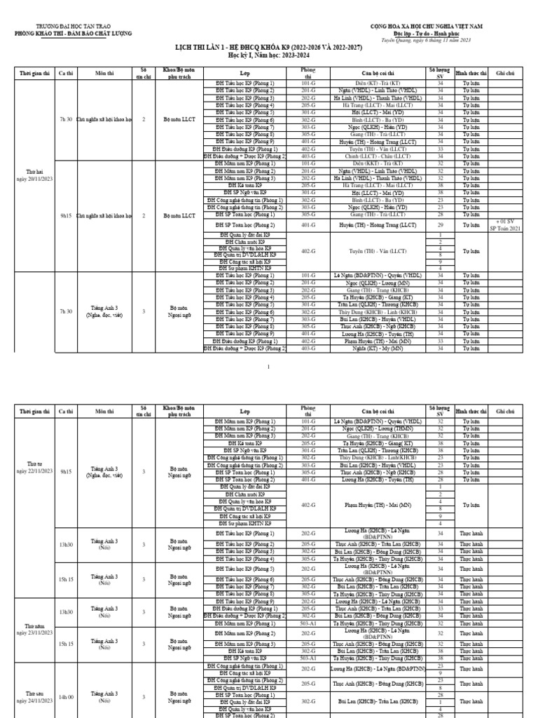 Bản chính thức Lịch thi lần 1 học kỳ 3 hệ ĐHCQ khóa 2022 2026 K9 | PDF