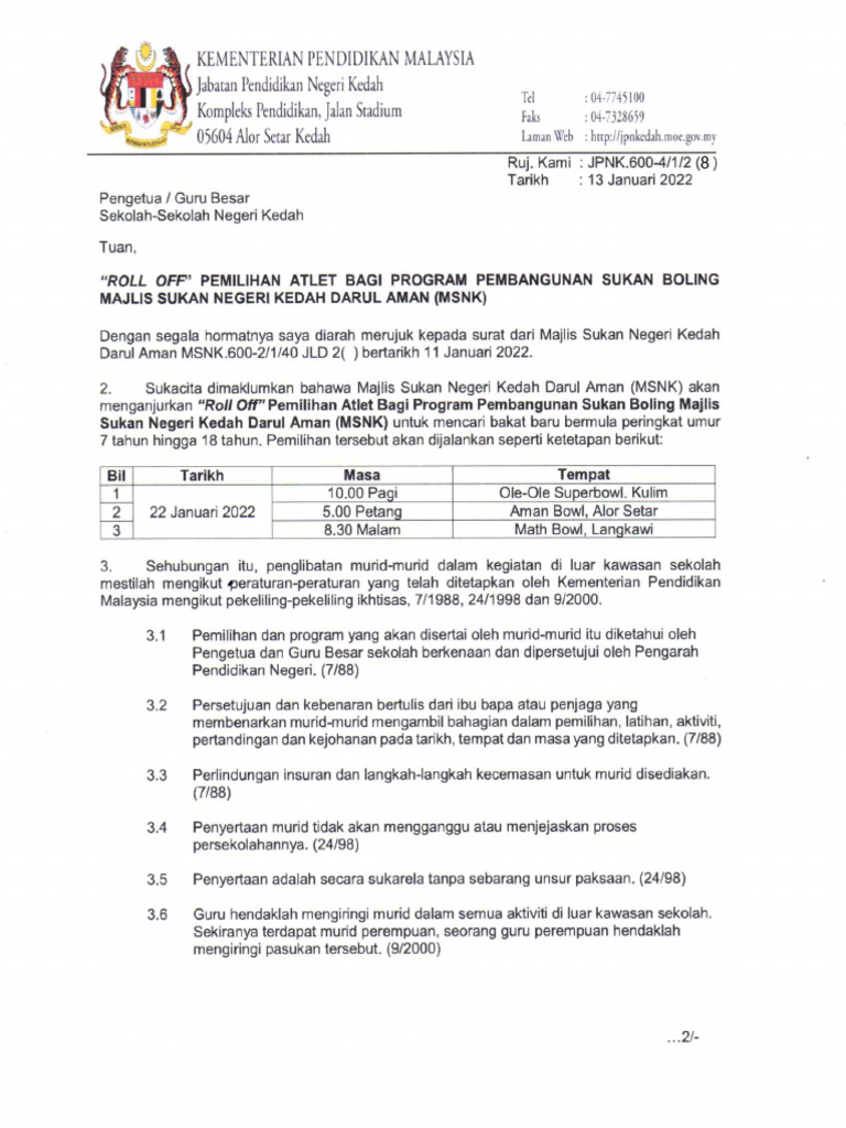 1JPN Surat Makluman Roll Off Pemilihan Atlet Bagi Program Pembangunan ...