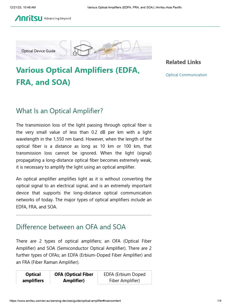 Various Optical Amplifiers (EDFA, FRA, and SOA) - Anritsu Asia Pacific | PDF | Fiber Optic ...