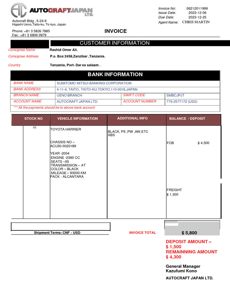 Invoice Rashid Harrier | PDF | Car Manufacturers Of Japan | Toyota