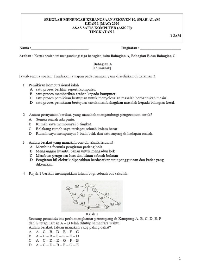UJIAN 1 T1 ASK - 2020 Soalan | PDF