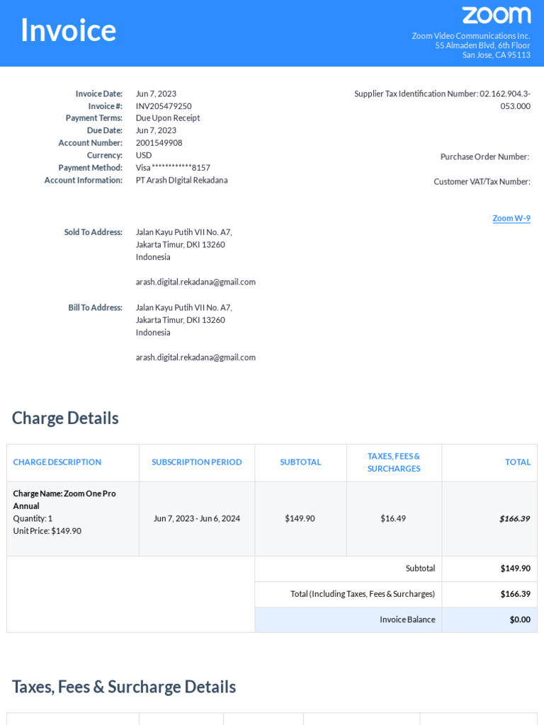 Invoice Zoom (Juni-Juli 2023) | PDF | Fee | Invoice