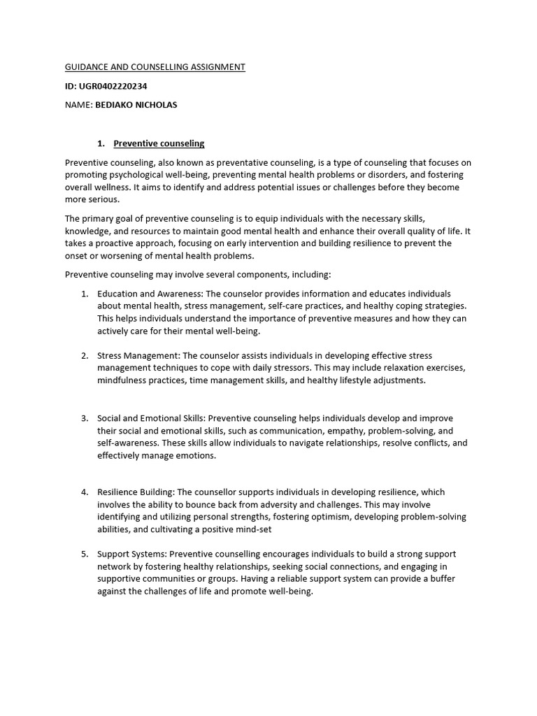 Guidance and Counseling Assignment | PDF | Mental Health | Psychotherapy