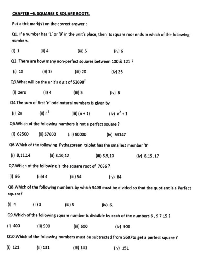 8th STD Square Roots MCQ | PDF 8th STD Square Roots MCQ | PDF