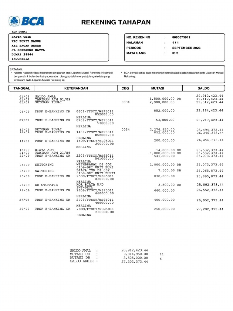 Rekening Koran Bca Bulan 1 | PDF
