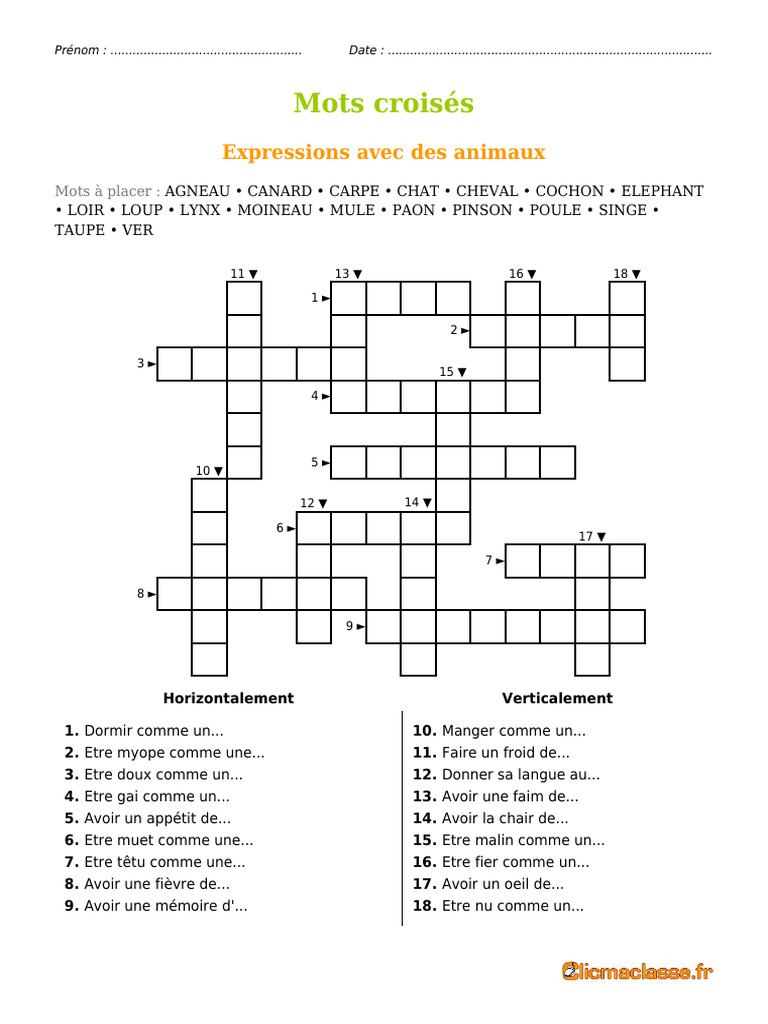 Mots Croisés - Expressions Avec Des Animaux | PDF