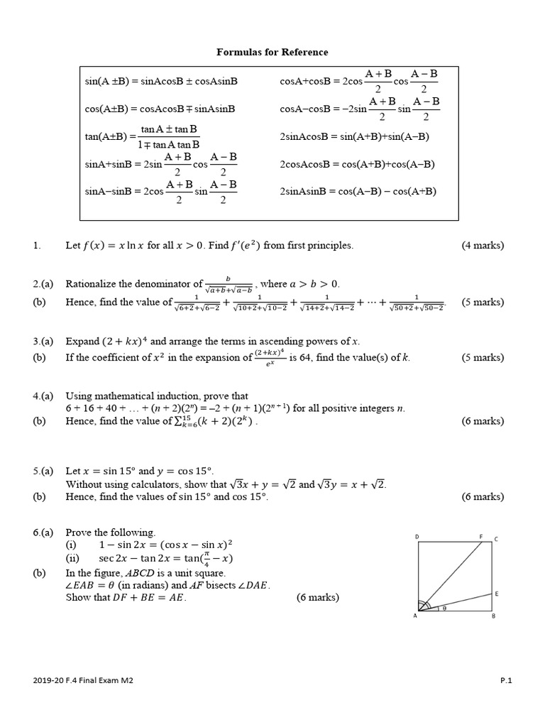 Formulas For Reference: 2019-20 F.4 Final Exam M2 P.1 | PDF