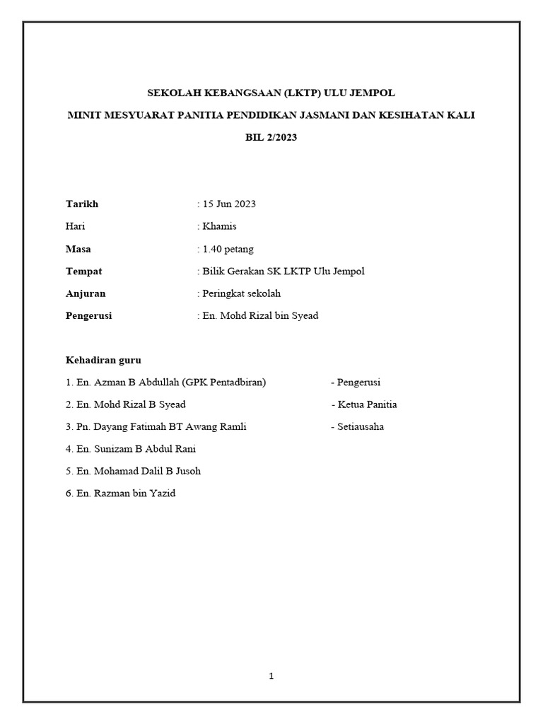 Minit Mesyuarat PJK Kali 2. 2023 | PDF