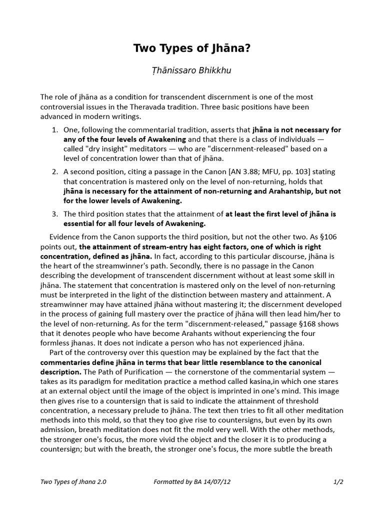 Two Types of Jhana - Thanissaro Bhikkhu, (2p) | PDF | Mind–Body ...