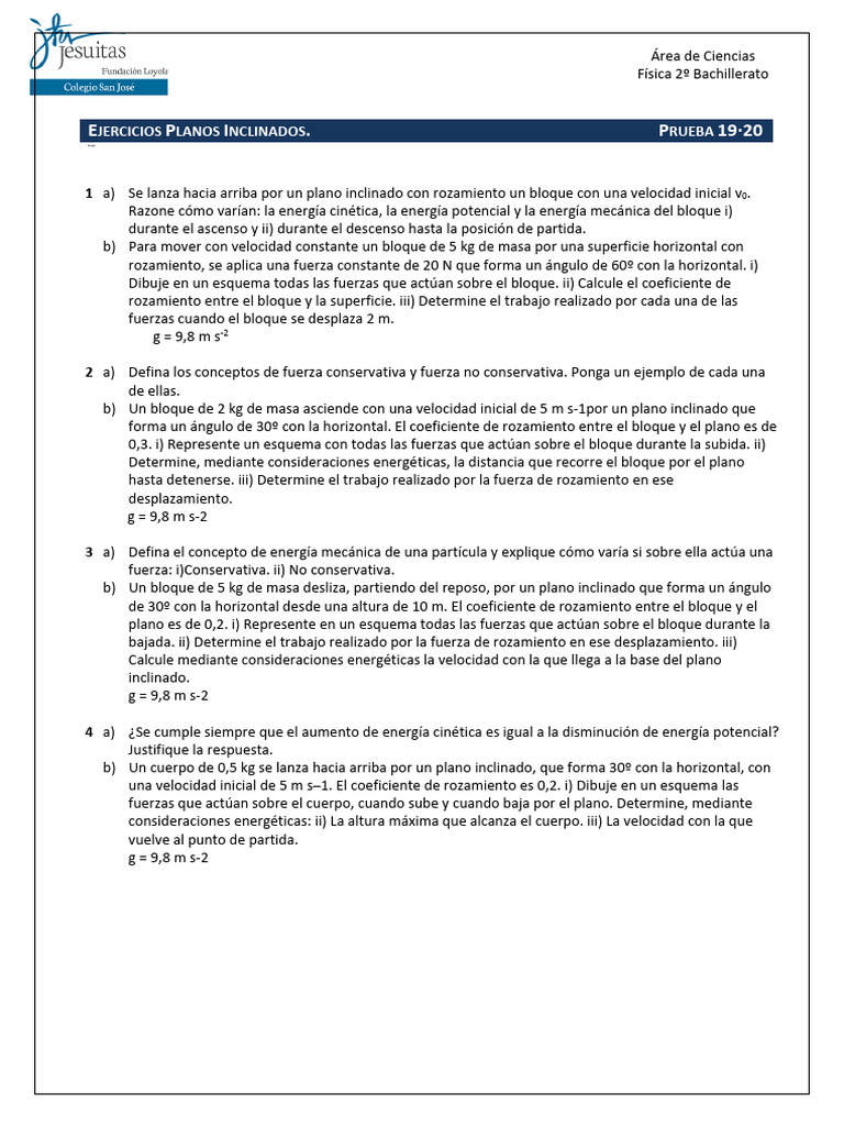 U0 FichaEjerciciosPlanosInclinados | PDF