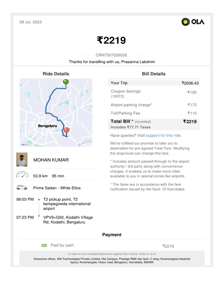 BLR Airport To Home Taxi Bill | PDF | Fare | Service Industries