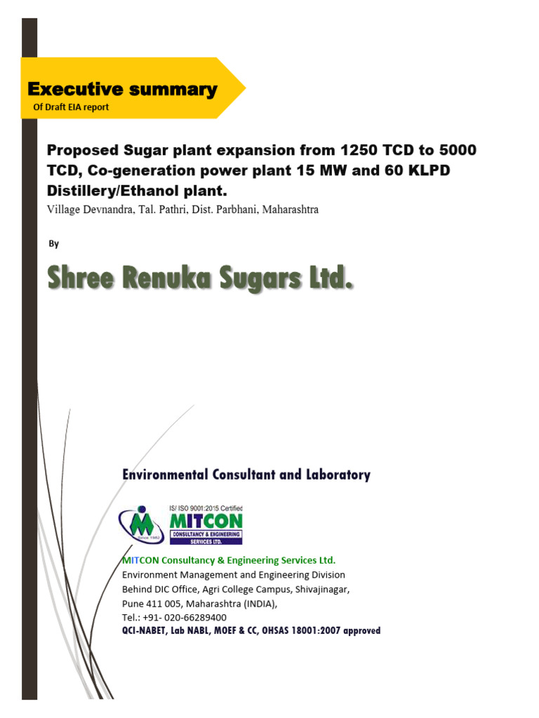 MITCON Consultancy Executive Summary Renuka Sugar Parbhani Plant | PDF ...