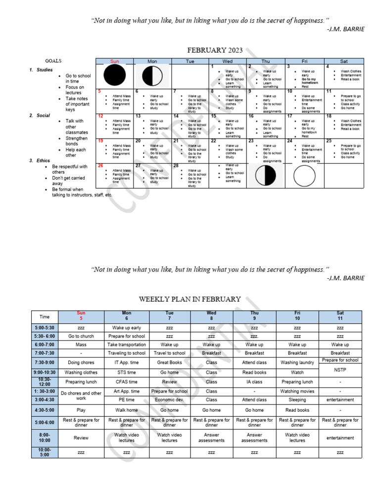 February Weekly Study and Social Plan | PDF