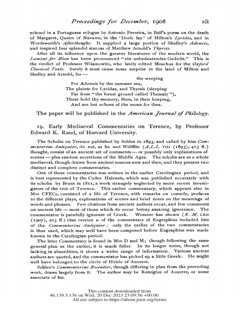 Edward K. Rand Early Mediaeval Commentaries On Terence | PDF