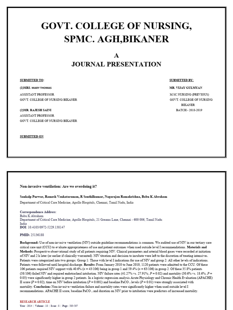 Journal Presentation | PDF | Intensive Care Medicine | Medical Specialties
