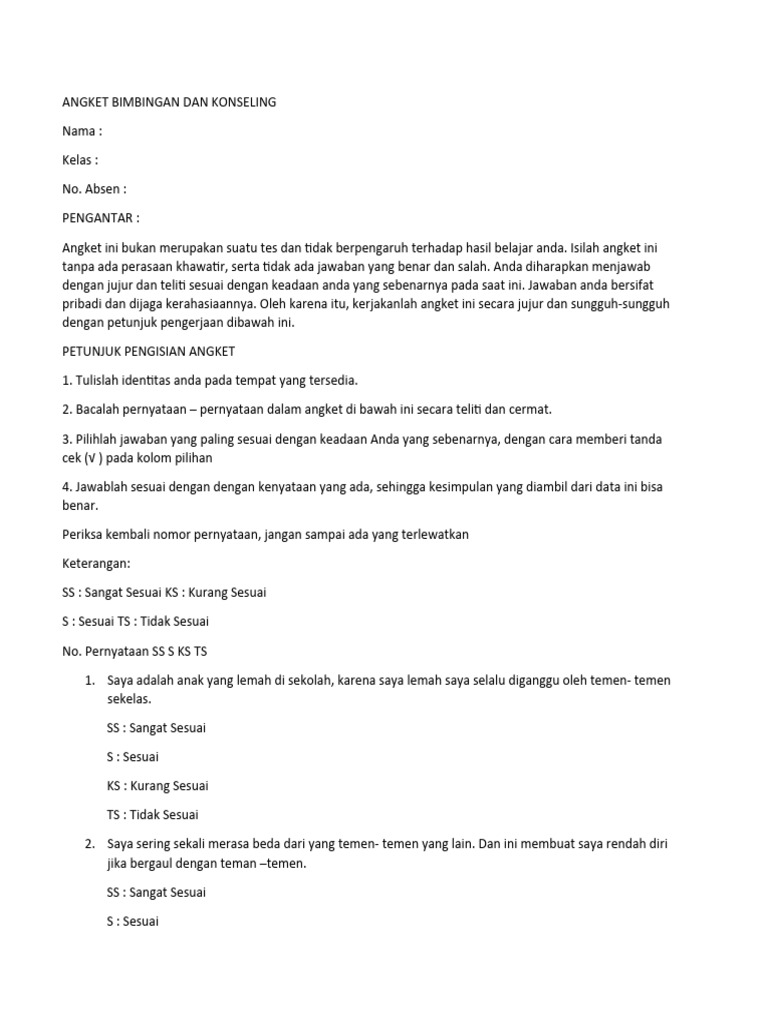 Angket Bimbingan Dan Konseling Bullying | PDF