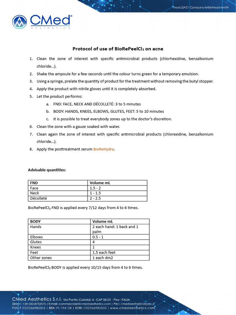 Acne Protocol of Use BioRePeelCl3 - CMed Aesthetics S.R.L. - EN | PDF