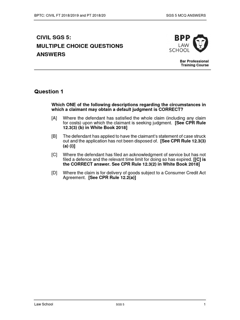 Civil SGS 5 MCQ Answers FT 18-19 PT 18-20 | PDF