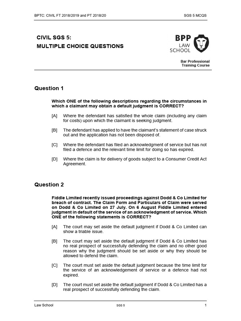 BPTC Civil Law MCQs 2018/2019 | PDF | Default Judgment | Judgment (Law)