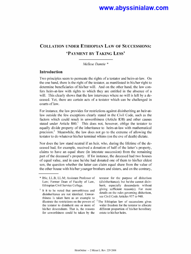 Collation in Ethiopian Inheritance Law | PDF | Inheritance | Will And ...