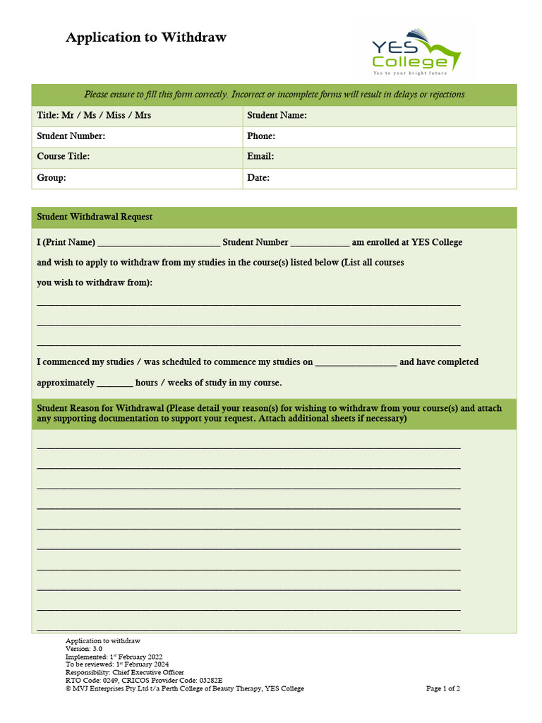 Yes College Application To Withdraw | PDF | Justice | Crime & Violence