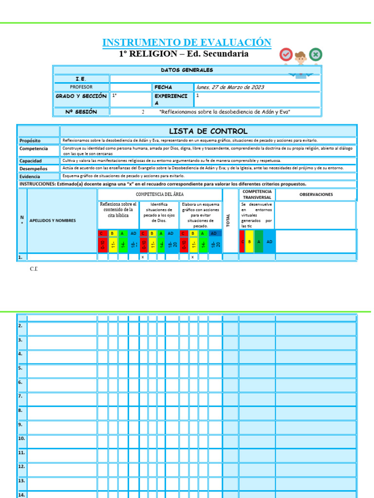 1° - 2° - Instrumento de Evaluación - Lista de Control2 - Eda1 - Religion | PDF | Pecado