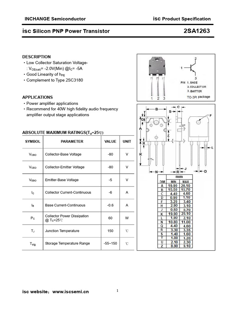 Inchange - Semiconductor 2SA1263 Datasheet | PDF | Bipolar Junction Transistor | Amplifier