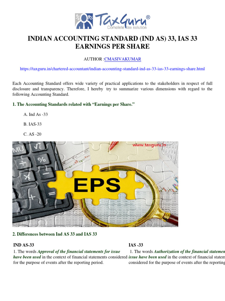 Indian Accounting Standard (IND As) 33, IAS 33 Earnings Per Share ...