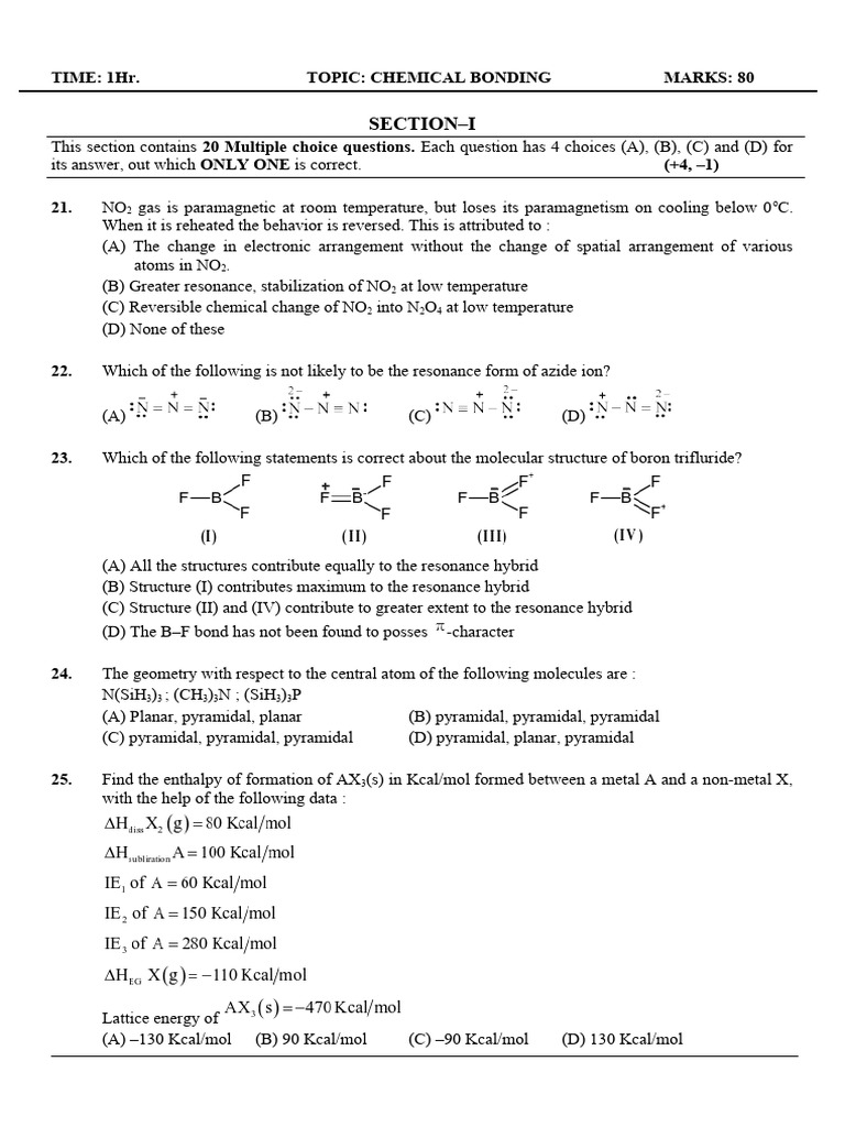 Chemical Bonding (Question Paper) | PDF | Chemical Bond | Molecules