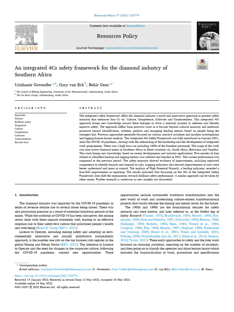 An Integrated 4Cs Safety Framework For The Diamond Industry of South ...