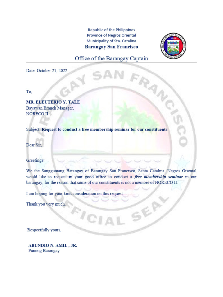 NORECO II Request Letter BAYAWAN Branch | PDF