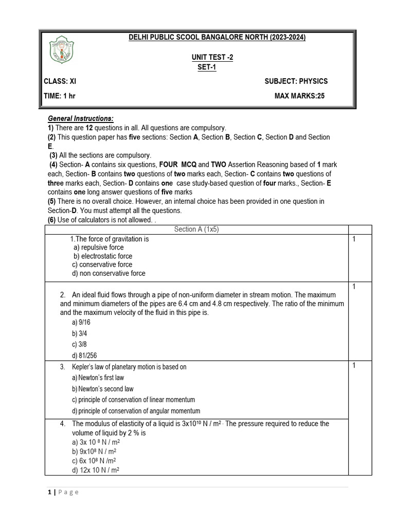 General Instructions:: Section A (1x5) | PDF | Elasticity (Physics ...