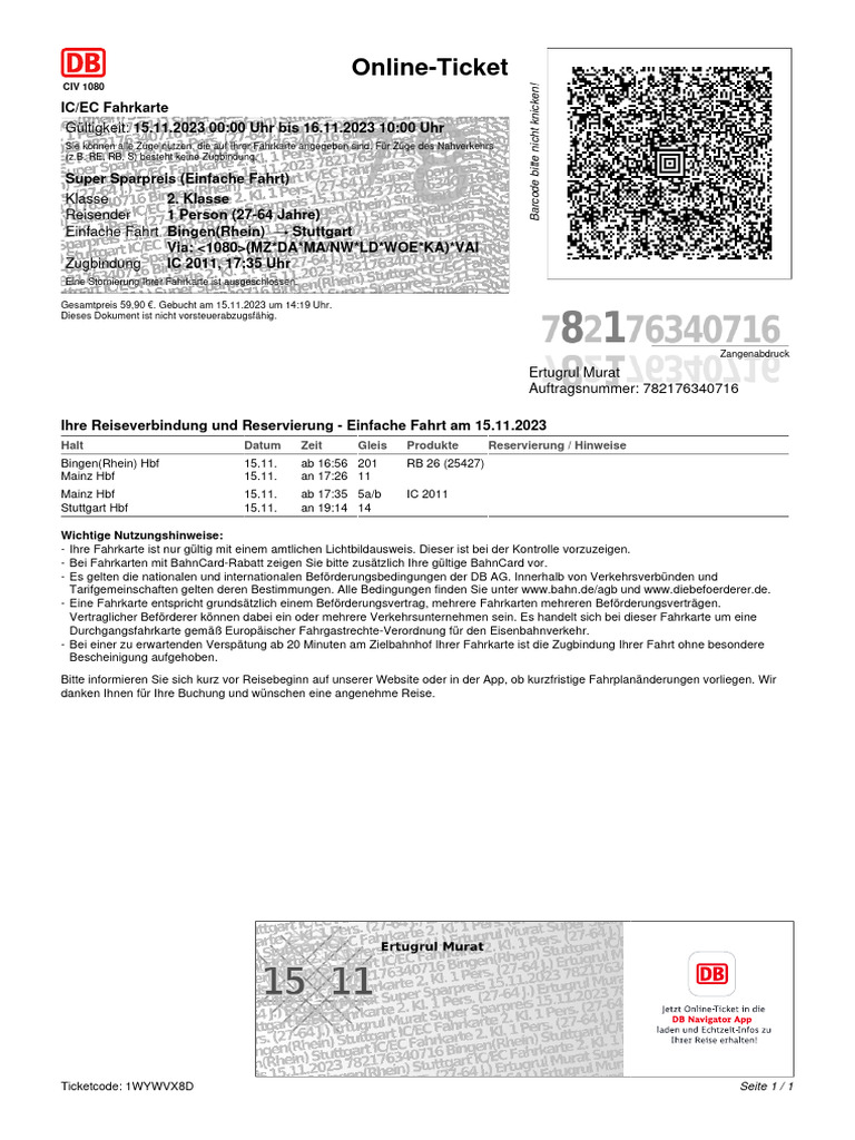 DB Ticket 782176340716 | PDF
