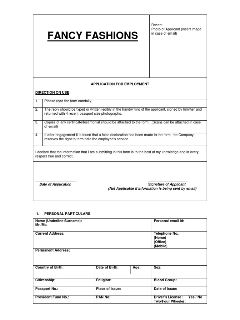 Job Application Form for New Joiners | PDF