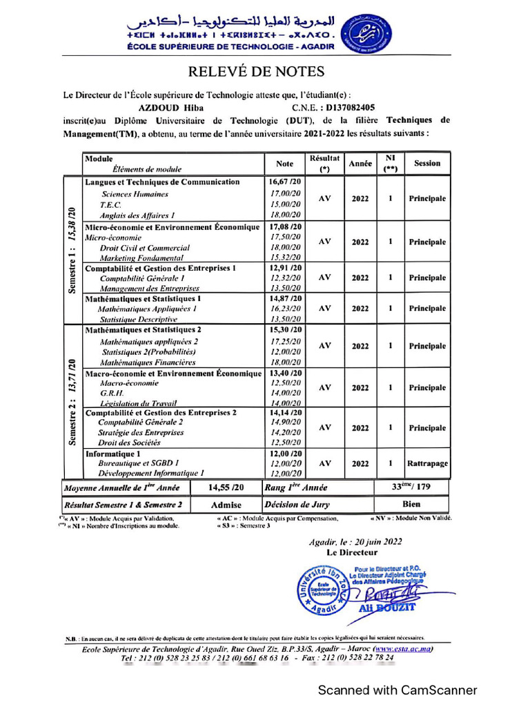Relevé de Note 2 | PDF