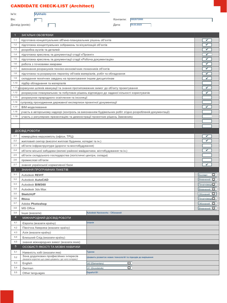 TEBIN - Architect UKR Candidate Checklist R0 | PDF