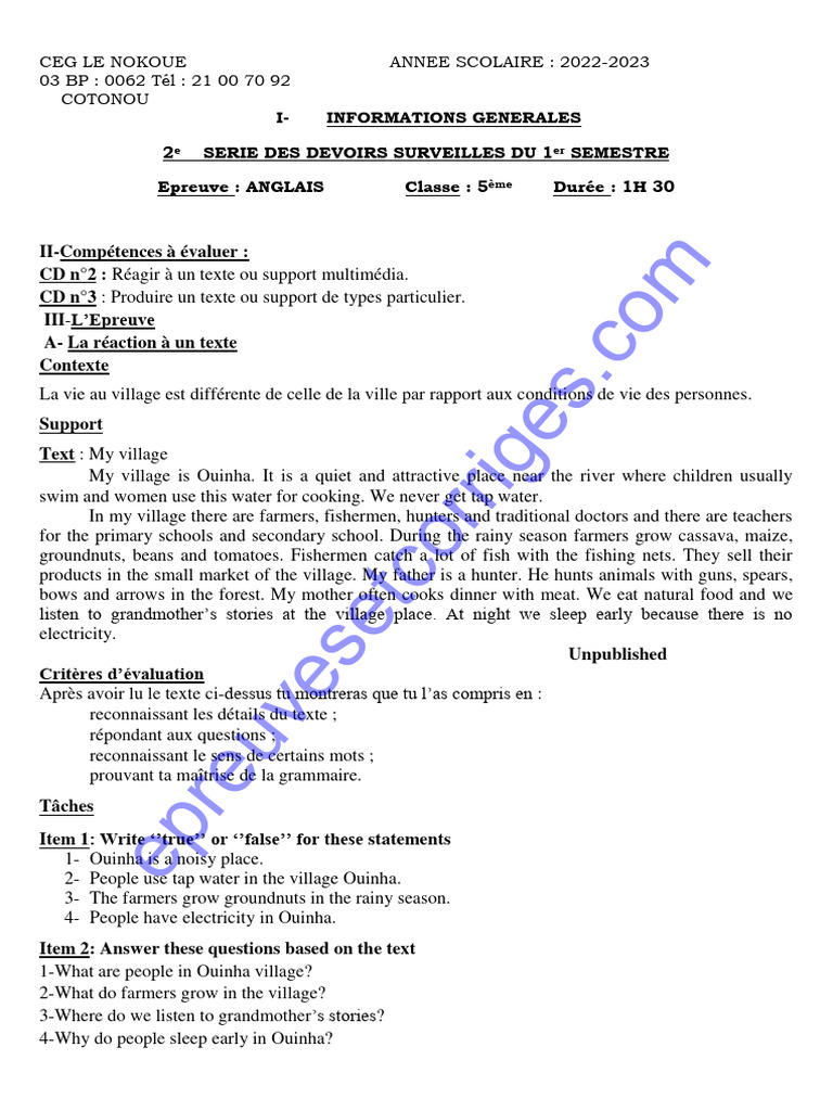Anglais 5eme, Deuxieme Devoir Du Premier Semestre 2022-2023 Ceg Le Nokoue | PDF | Food And Drink